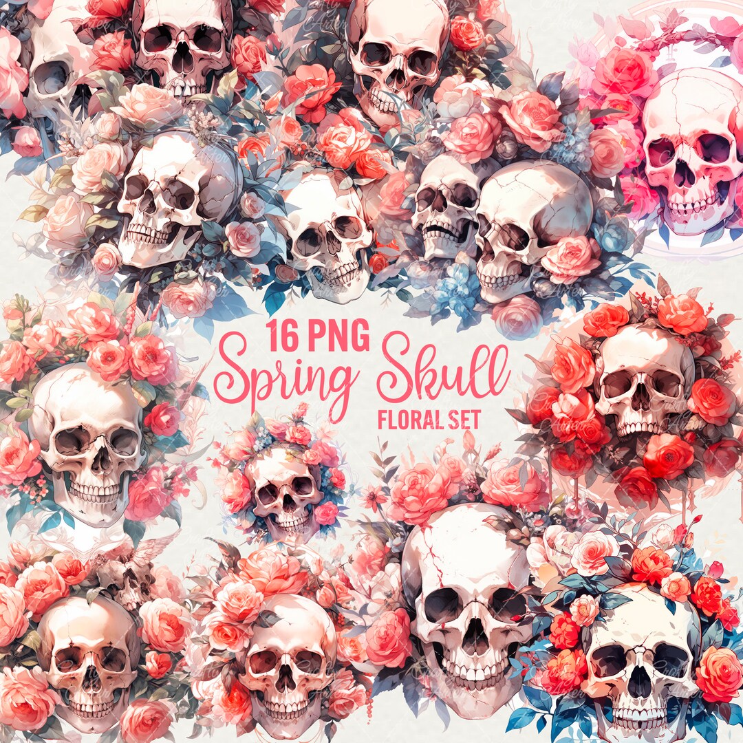 Watercolor Spring Skull Clipart, Watercolour 16 PNG Floral Skull ...