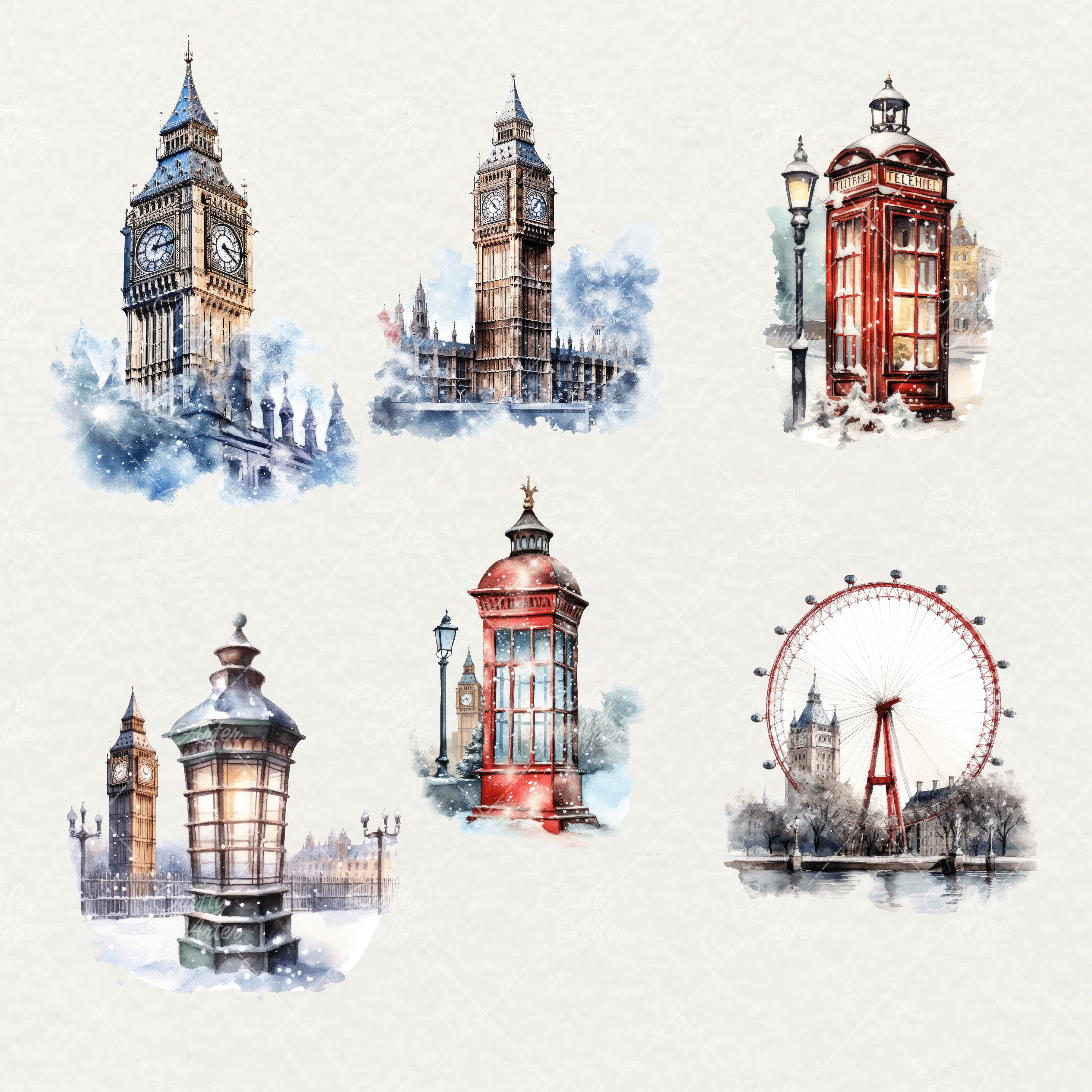 Christmas London Clipart: 39 Watercolor Winter Illustrations (PNG) - Etsy
