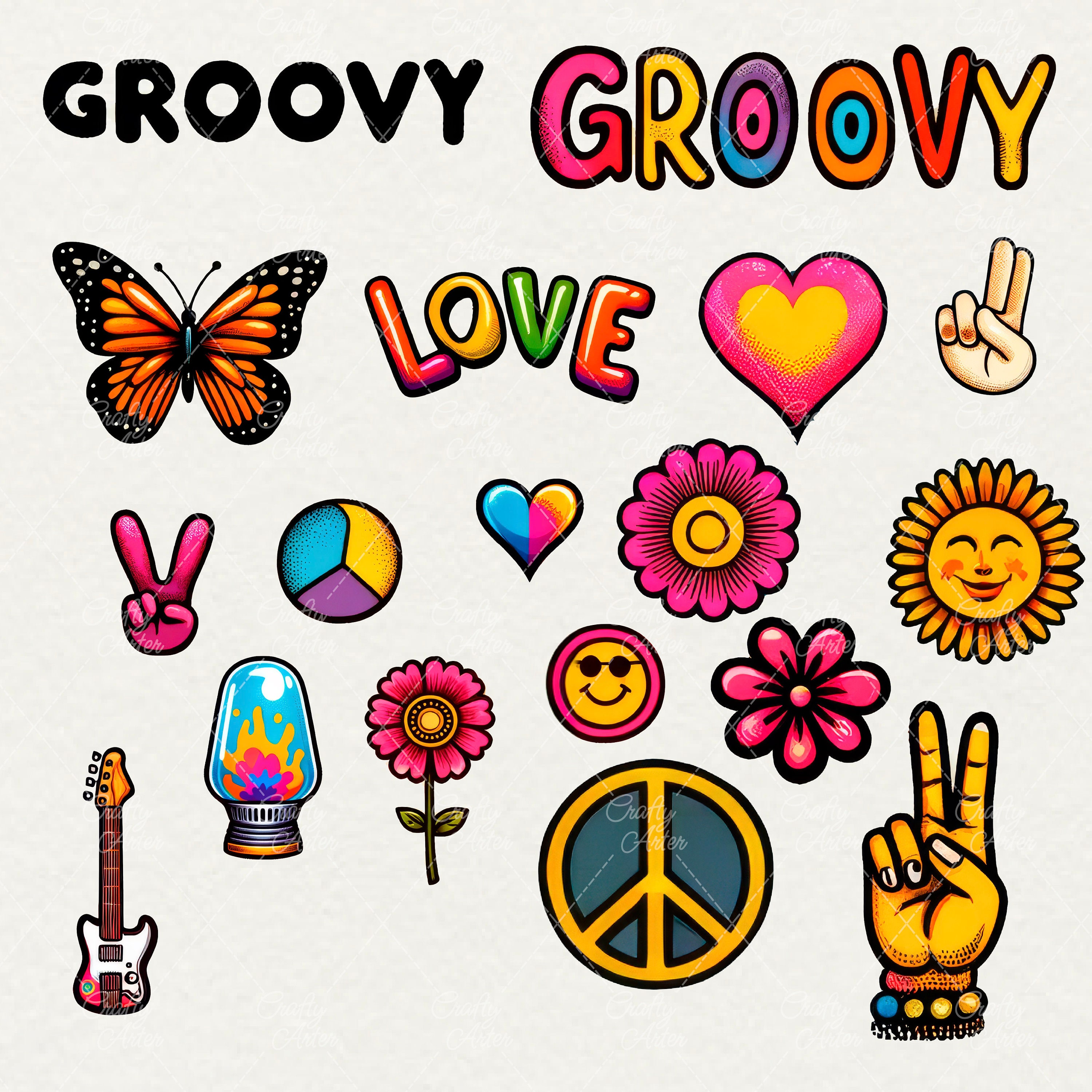 Retro Hippie Clipart: 49 Groovy PNG Images (digital Download) - Etsy