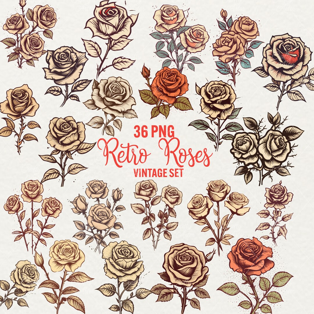 Rose Clipart, 35 PNG Bundle Retro Roses Clip Art, Vintage Floral Botanical Illustration, Instant ...