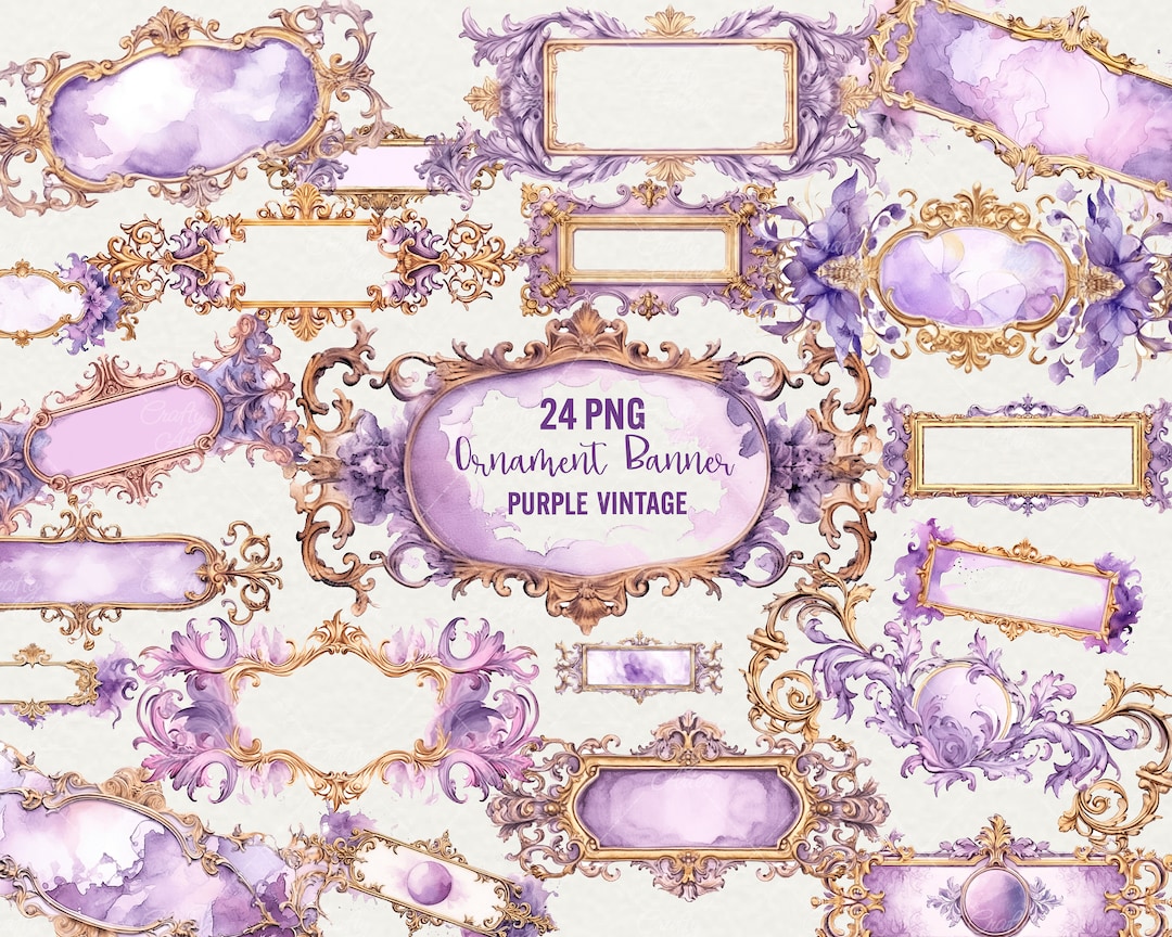 Watercolor Vintage Banners Clipart, 24 PNG Watercolor Vintage Gold ...