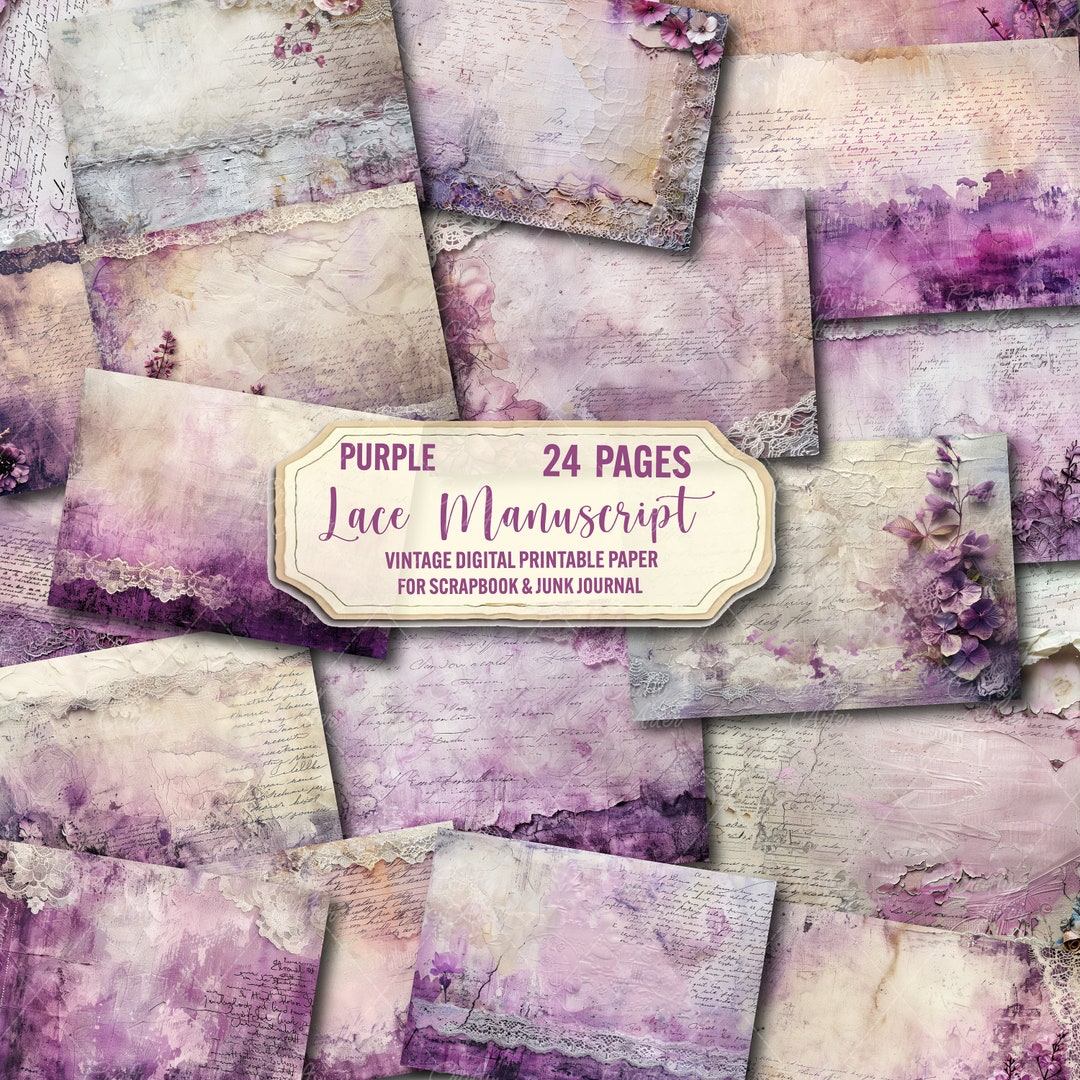 Purple Lace Digital Paper, 24 Junk Journal Printable Pages, Manuscript ...
