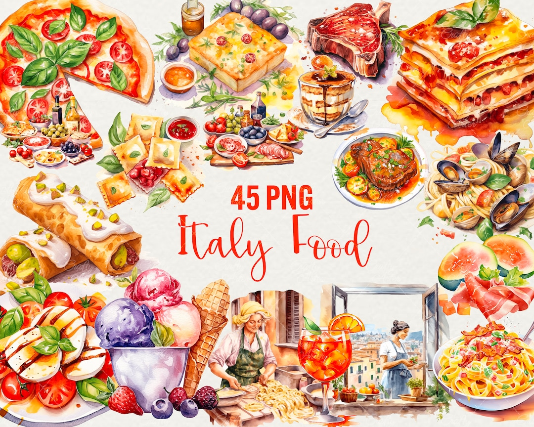 Watercolor Italy Food, Traditional Food Clipart, Taste of Italy Pasta ...