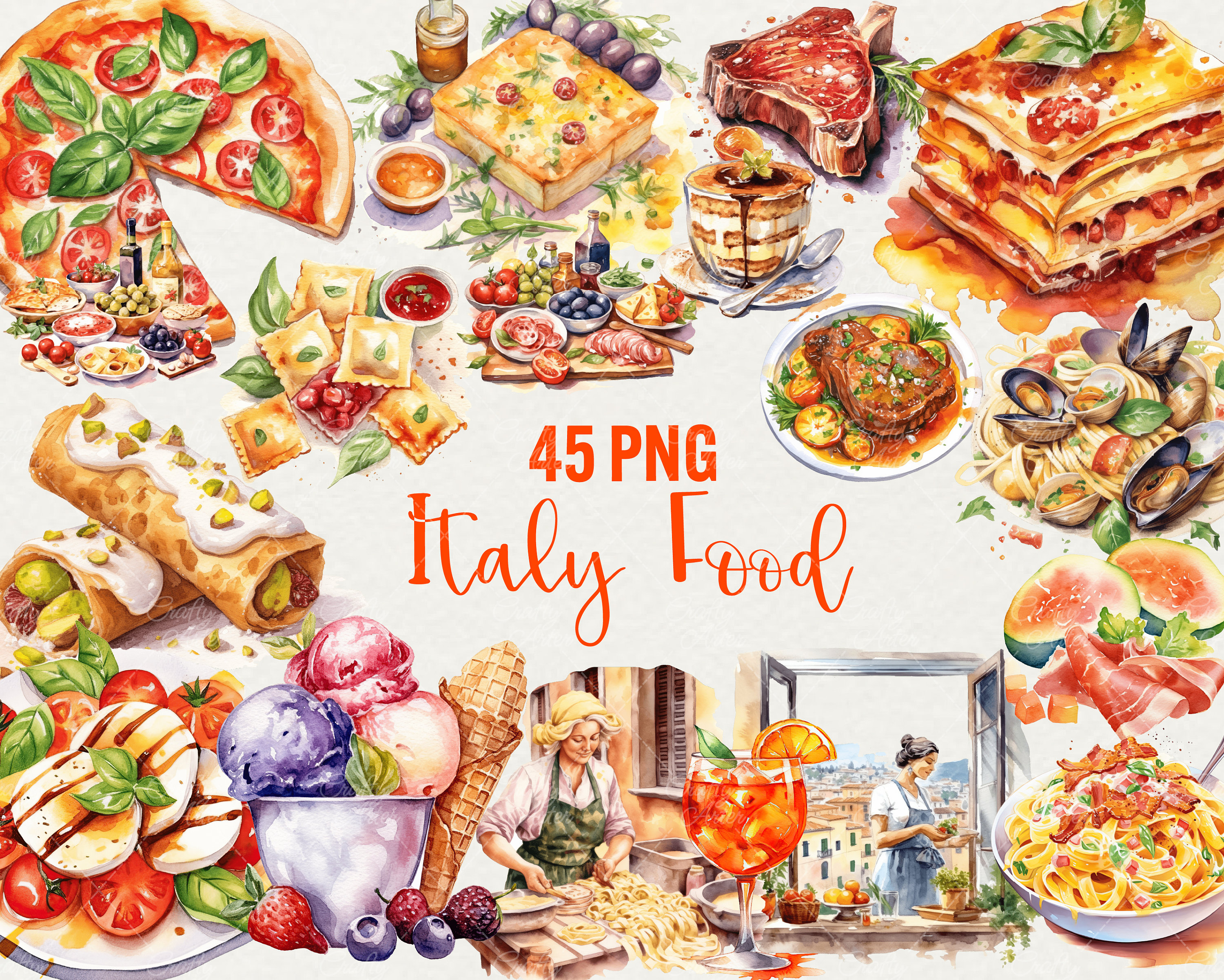 Watercolor Italy Food Clipart: Pasta, Pizza, Gelato (45 PNG) - Etsy