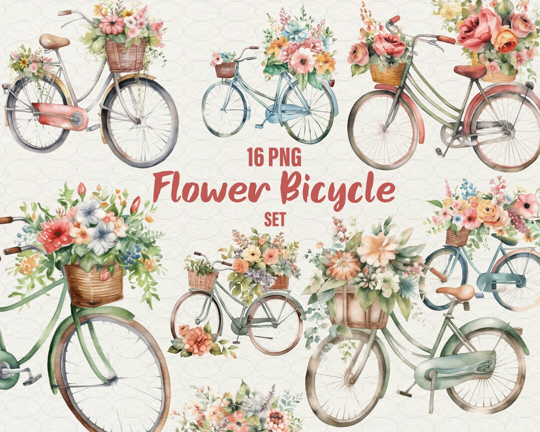 Floral Bicycle Clipart. Spring Clipart, 16 Png Digital Watercolor ...