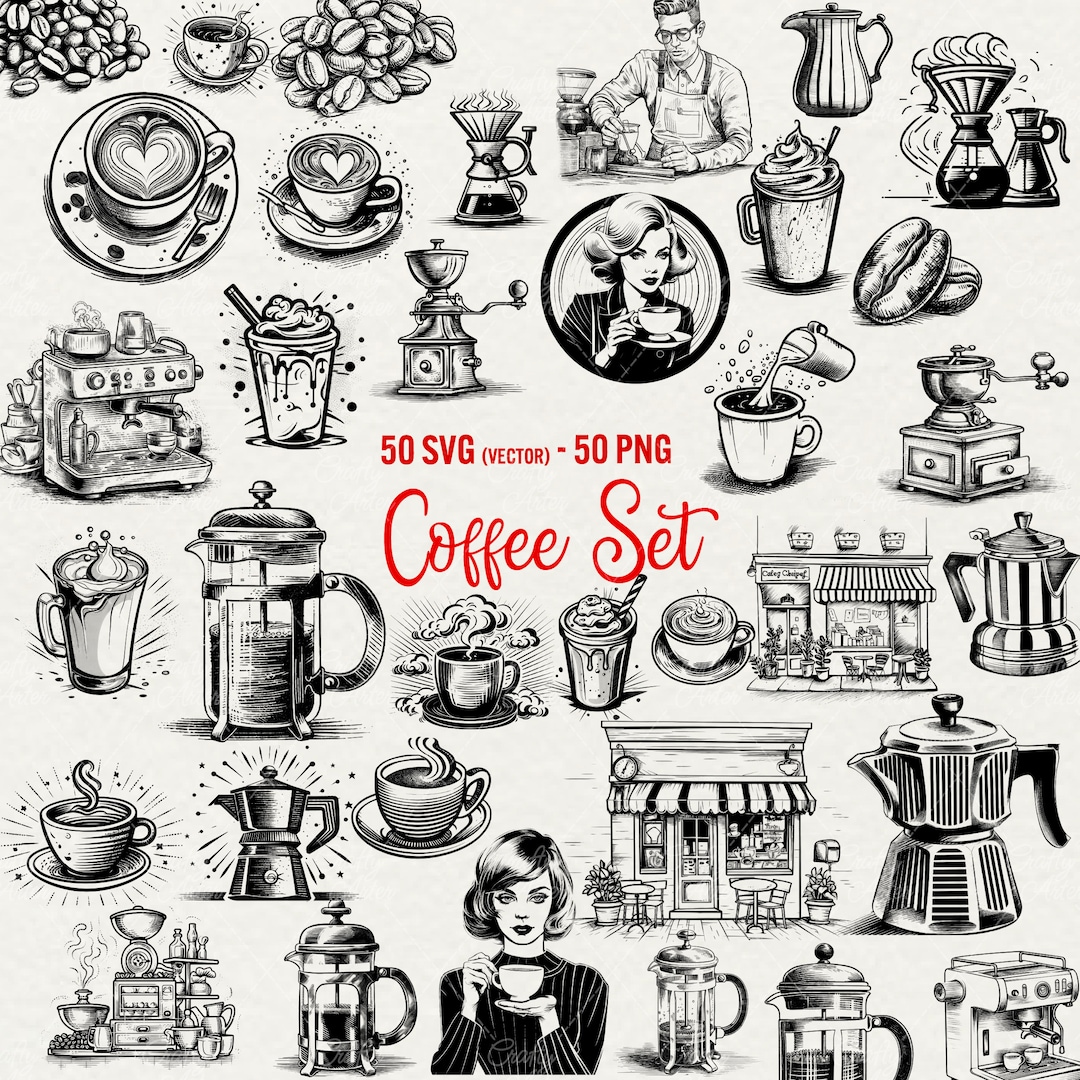 Coffee Svg Clipart, 50 Svg and 50 Png Coffee Bundle, Coffee Lover ...