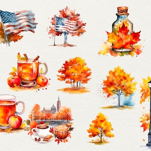 Watercolor Autumn New York Clipart: 43 PNG Illustrations (commercial ...