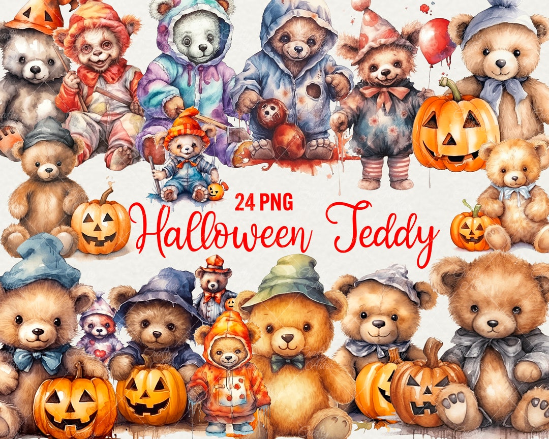 Watercolor Halloween Teddy Bear Clipart: 24 PNG Horror Illustrations ...