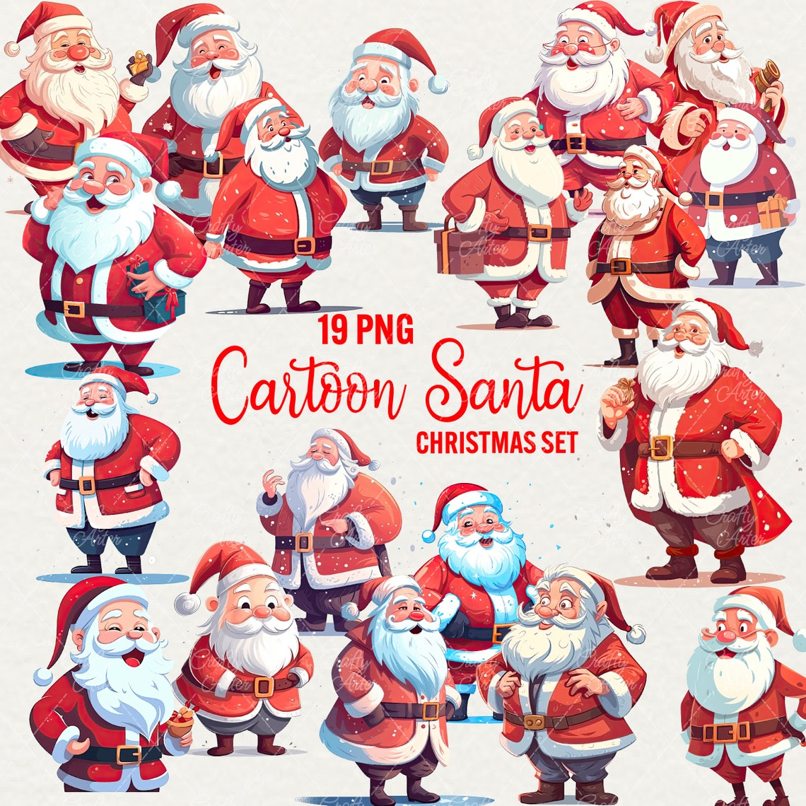 Watercolor Santa Clipart: 19 PNG Christmas Cartoon Graphics (commercial ...
