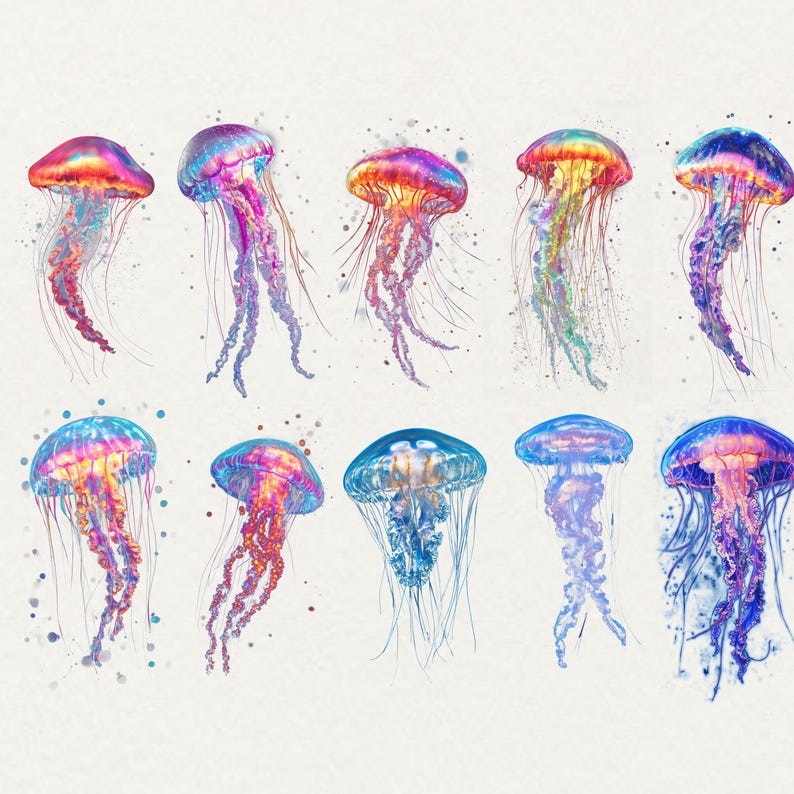 Neon Jellyfish Clipart: 30 Glowing Ocean PNG Graphics (commercial Use ...