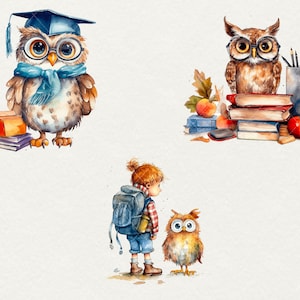 Watercolor School Owl Clipart, Back to School Clipart, Watercolor Owl ...