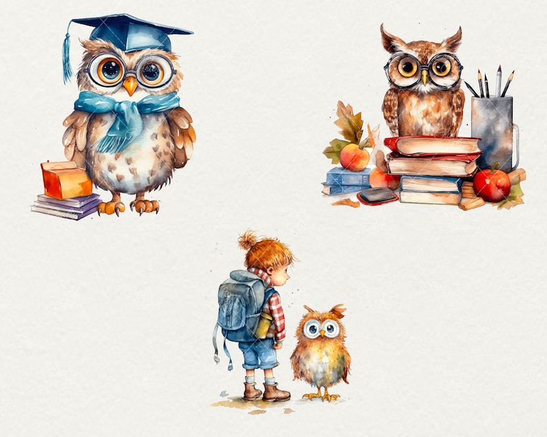 Watercolor School Owl Clipart Back to School Clipart - Etsy
