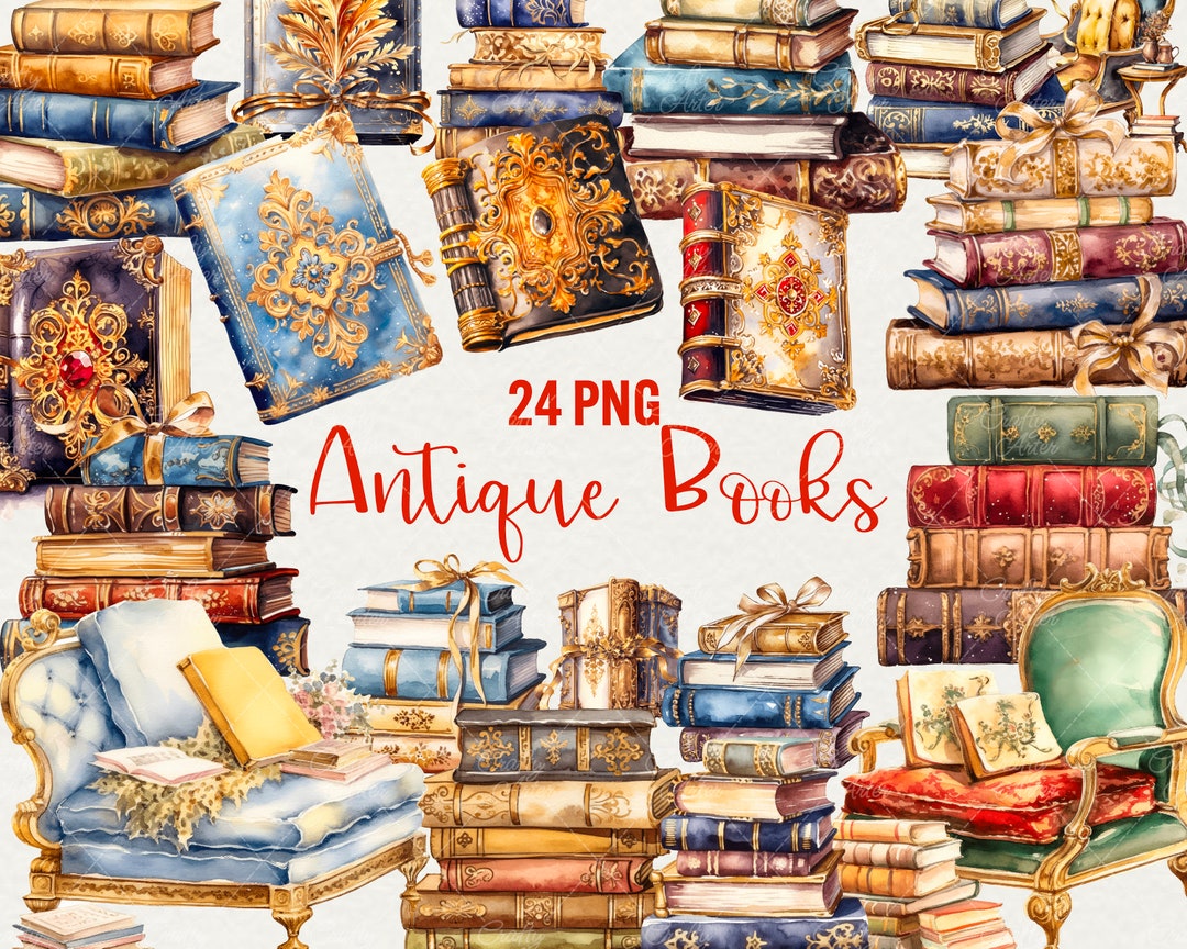 Watercolor Vintage Book Clipart, 24 PNG Antique Old Books Clipart ...
