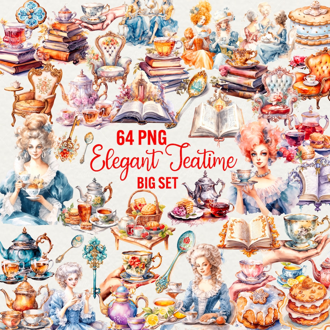 Watercolor Rococo Tea Time Clipart, Elegant Bundle Clipart, 64 PNG ...