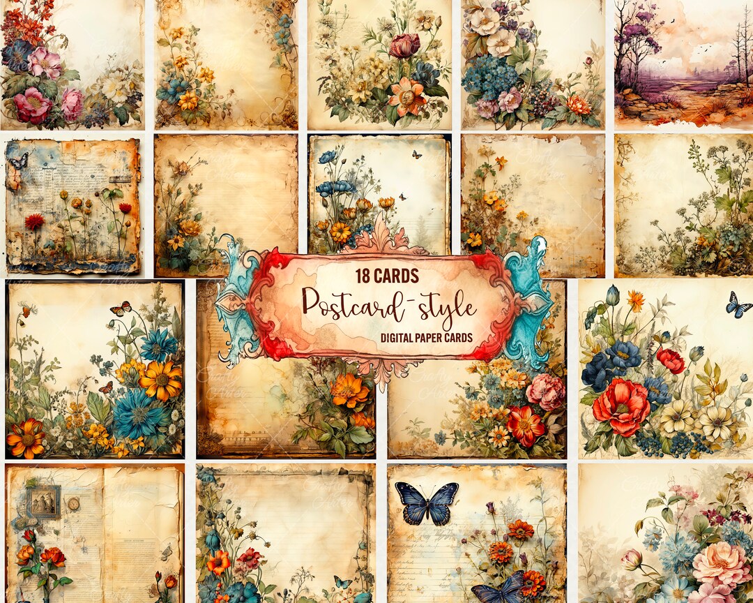 Digital Old Postcard Paper, 18 Cards Digital Paper Vintage Craft ...