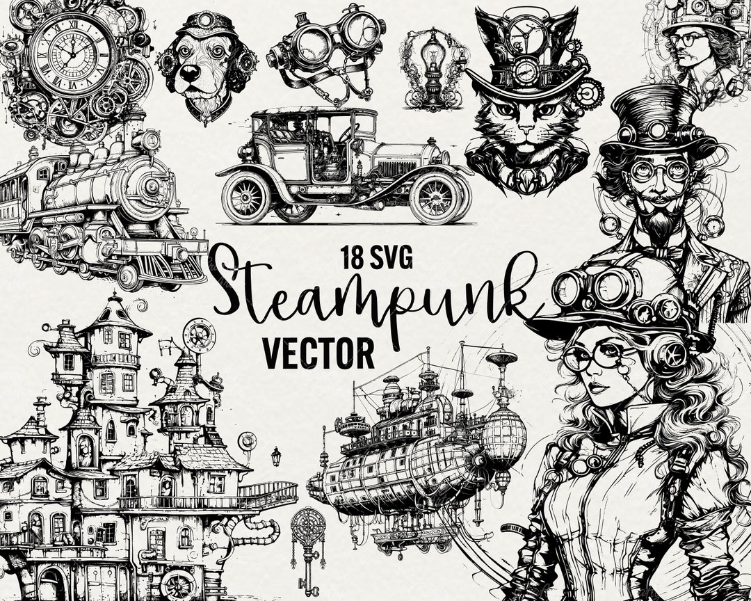 Steampunk Clipart 18 SVG Fantasy Clipart Steampunk VECTOR Line Drawn ...