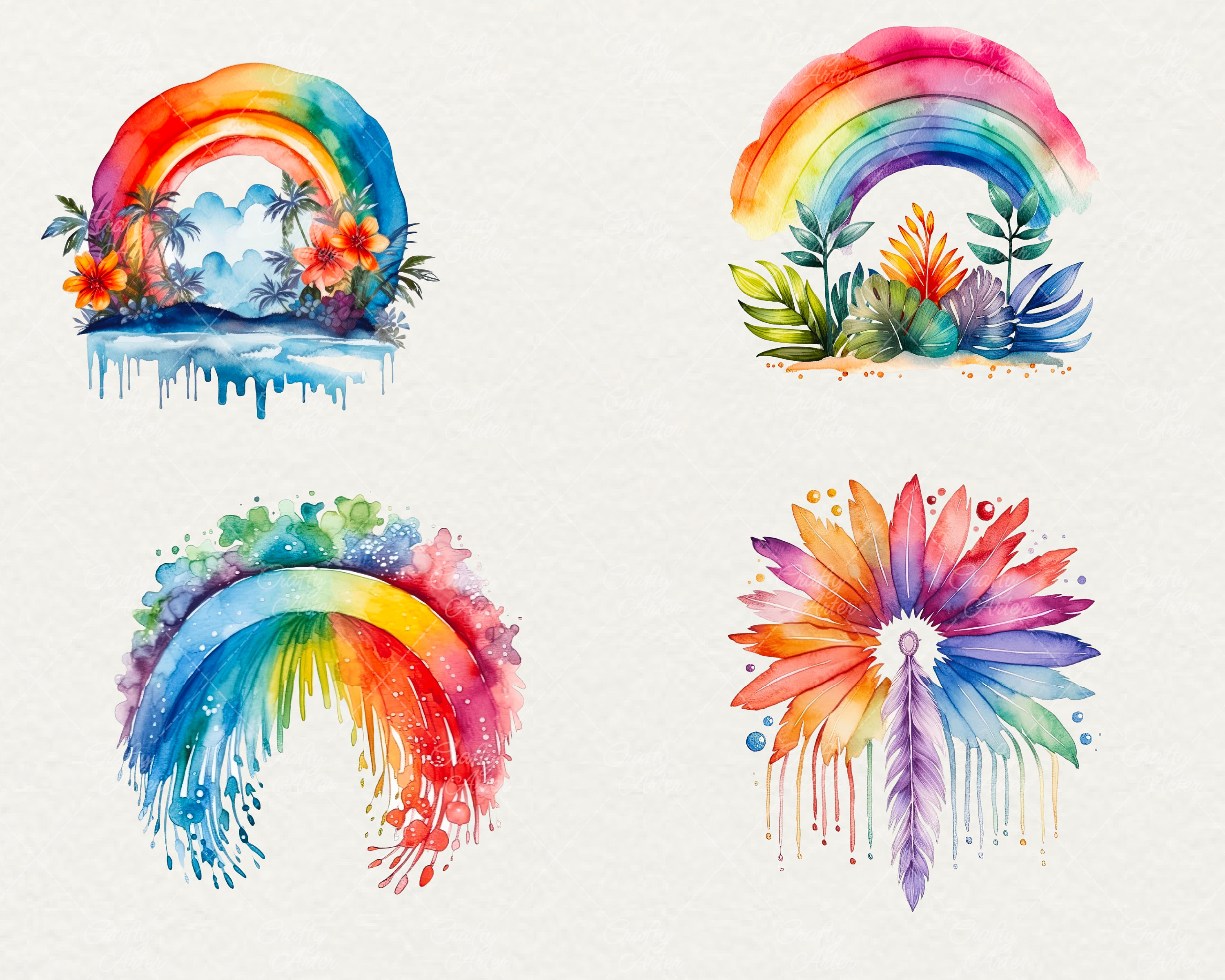 Watercolor Boho Rainbow Clipart: Bright PNG Graphics (commercial Use ...