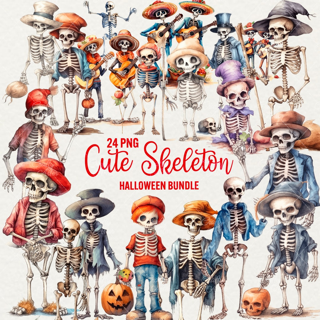 Watercolor Cute Skeleton Clipart, Watercolor Halloween Illustration 24 ...