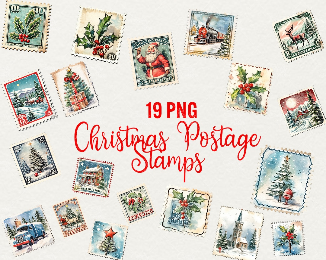 Christmas Postage Stamps Clipart, 19 Png Watercolor Christmas Clipart ...