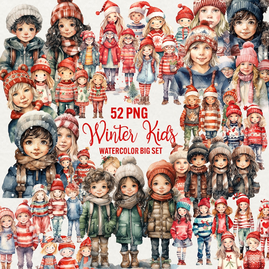Winter Kids Clipart, Christmas Girl and Boy Clipart, Watercolor Winter ...