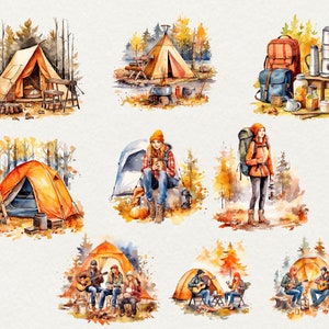 Watercolor Autumn Camping Clipart, Outdoor Camp, Bonfire, Backpack ...