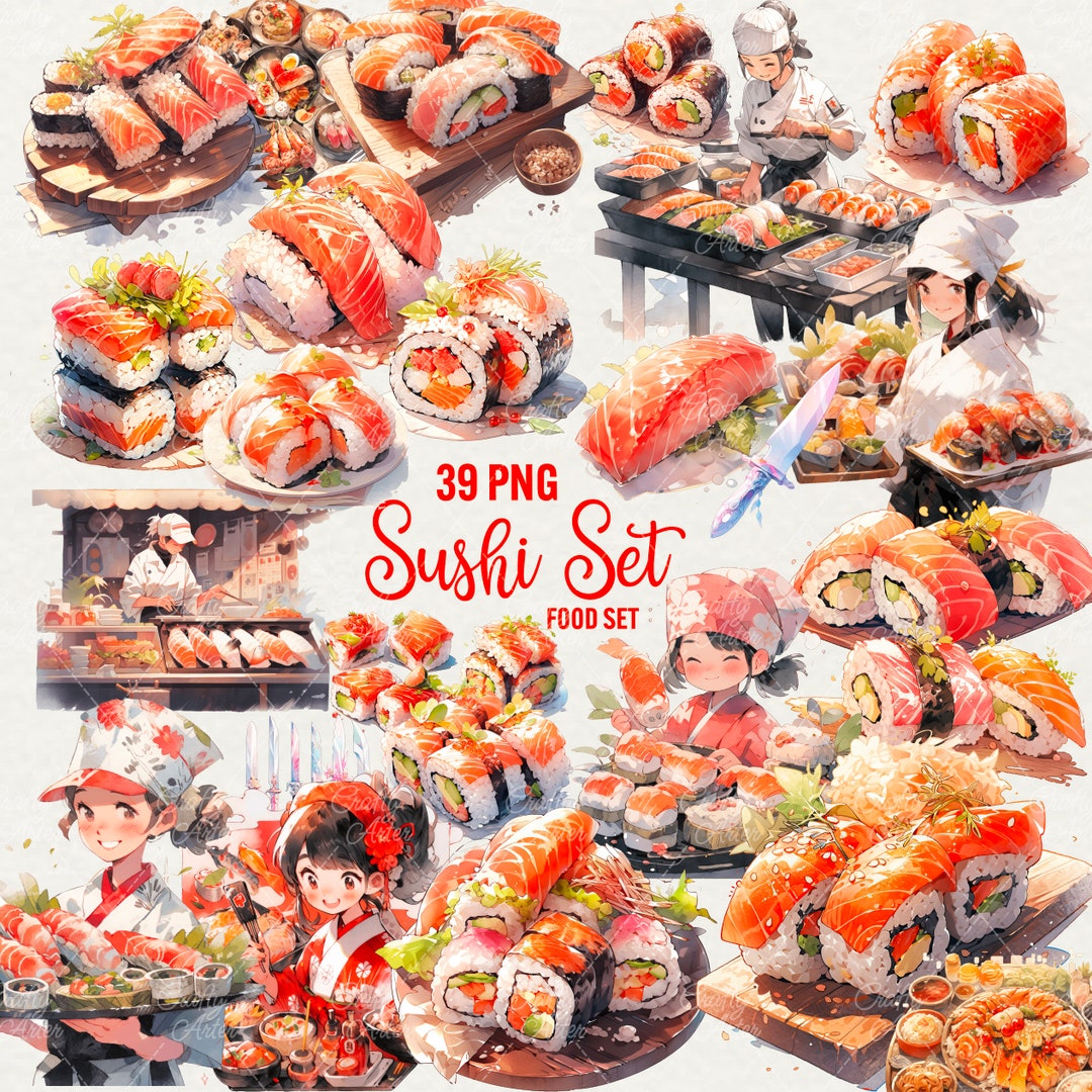 Watercolor Sushi Clipart: 39 PNG Food Illustrations (commercial Use) - Etsy