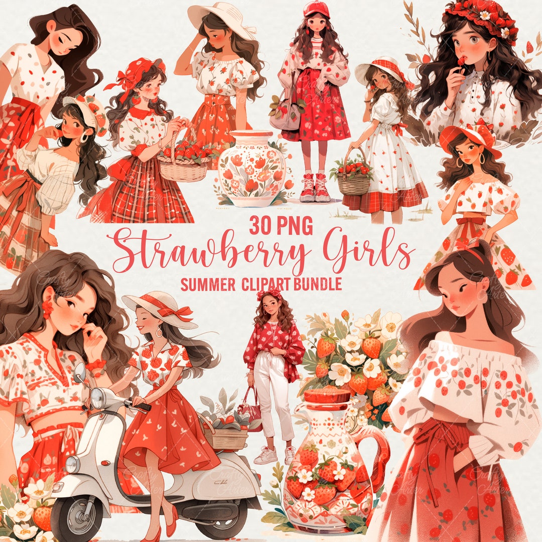 Watercolor Strawberry Girls Clipart, 30 Png Summer Girls, Cute Berry ...