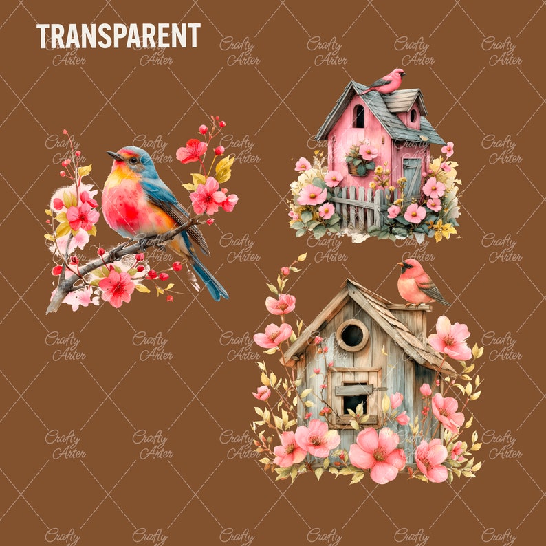 Watercolor Spring Birdhouse Clipart: Floral Bird PNG Set (36 PNG) - Etsy