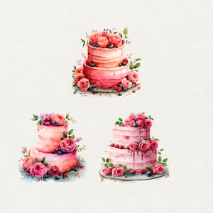 Watercolor Pink Cakes Clipart, 30 PNG Birthday Cake, Elegant Wedding ...