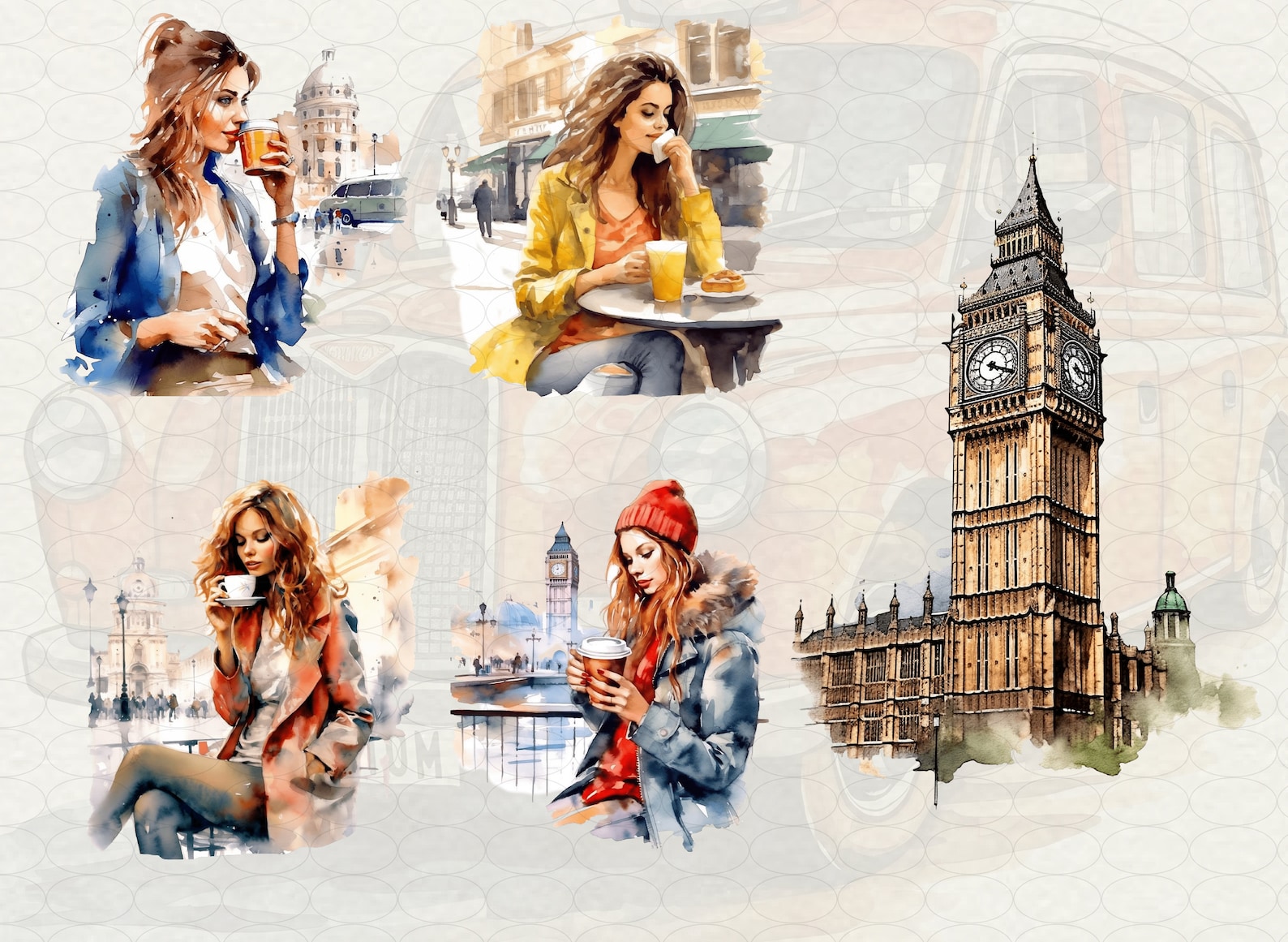London Watercolor Clipart: City Landmarks, Bus, Taxi (39 PNG Files) - Etsy