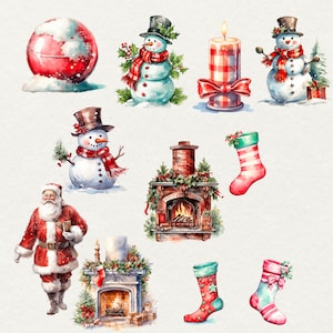 Watercolor Retro Christmas Clipart: 53 PNG Set, Vintage Santa ...