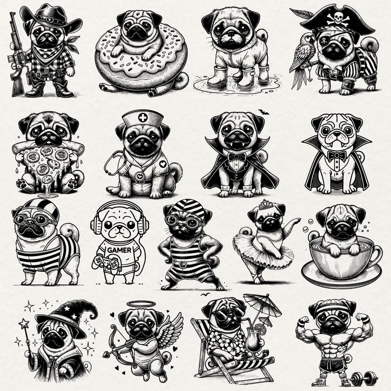 Funny Pug Clipart Bundle, Dog Graphics, Vector Illustrations (SVG PNG ...