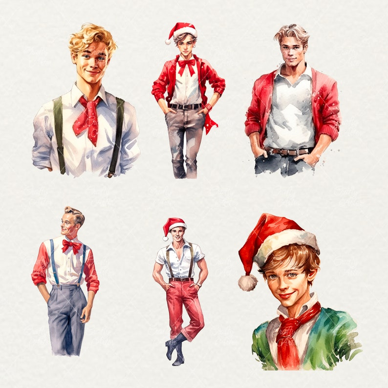 Retro Christmas Boys Clipart: Watercolor Holiday Men, 17 PNG ...