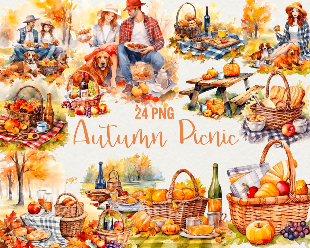 Watercolor Autumn Picnic Clipart: Family Time PNG Set (commercial Use ...