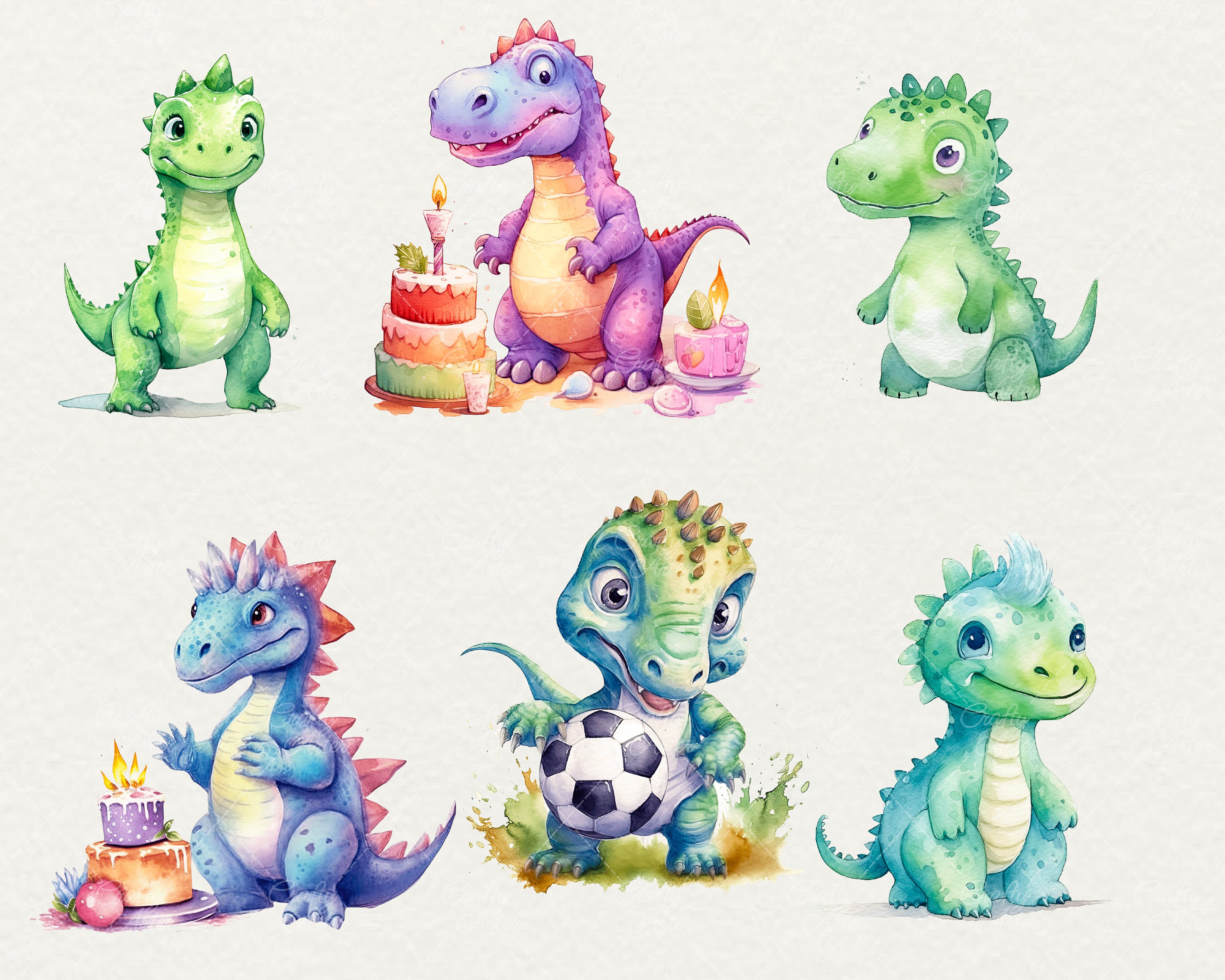 Watercolor Baby Dinosaur Clipart: 39 PNG Illustrations (commercial Use ...