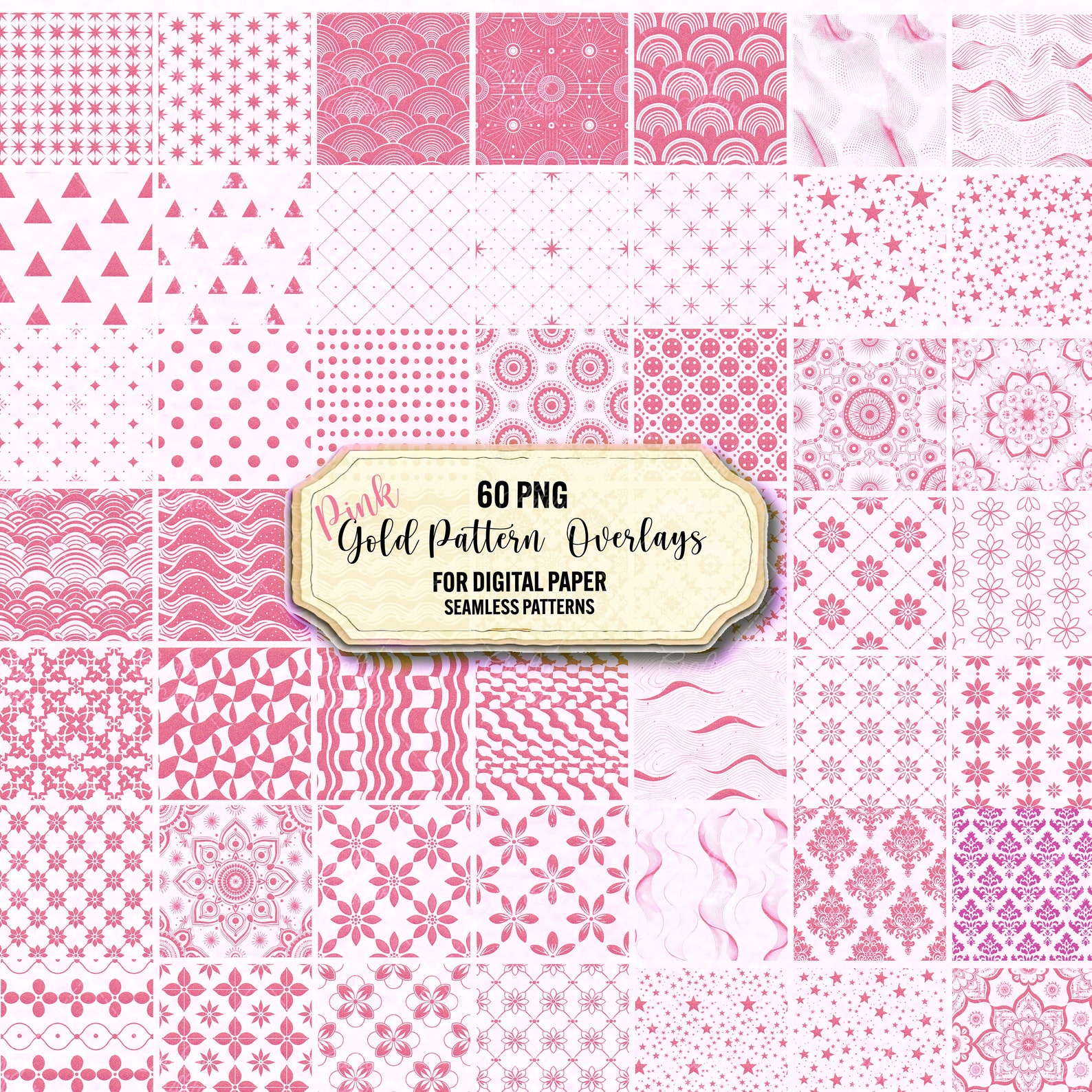 Pink Gold Seamless Pattern, 60 PNG Digital Paper Overlays (commercial ...
