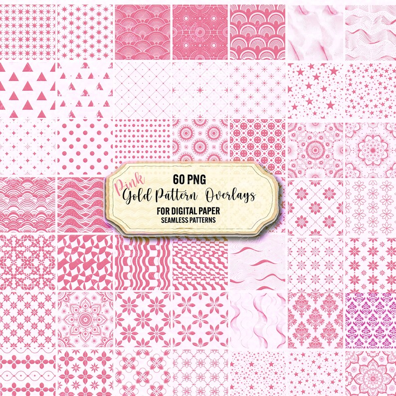 Pink Gold Seamless Pattern, 60 PNG Digital Paper Overlays (commercial ...