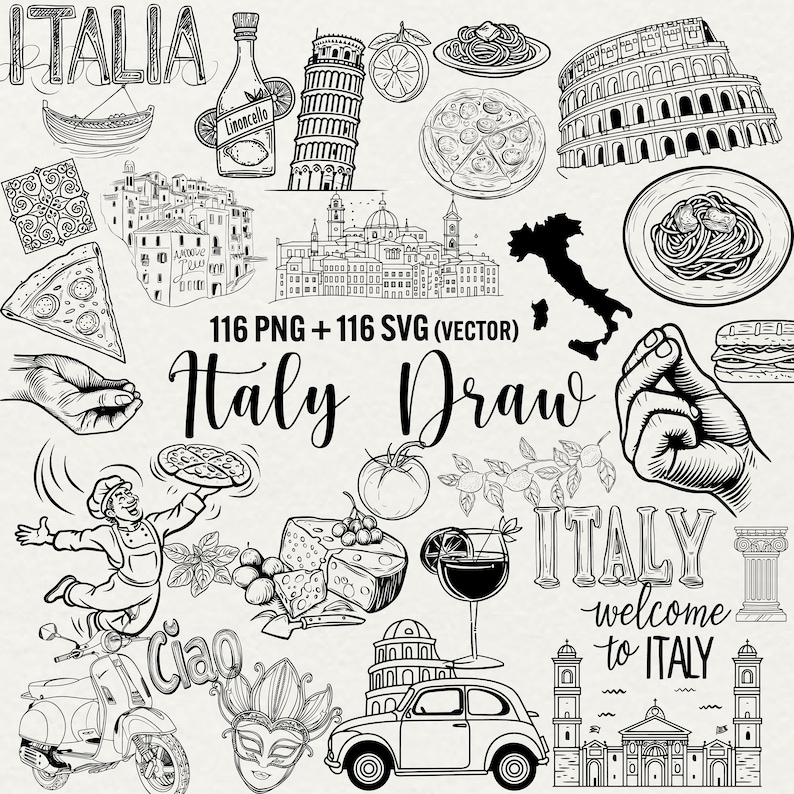 Italy Clipart Bundle: Italian Travel, Landmarks, Food (PNG, SVG) - Etsy