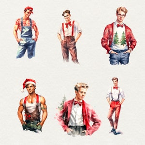 Retro Christmas Boys Clipart: Watercolor Holiday Men, 17 PNG ...
