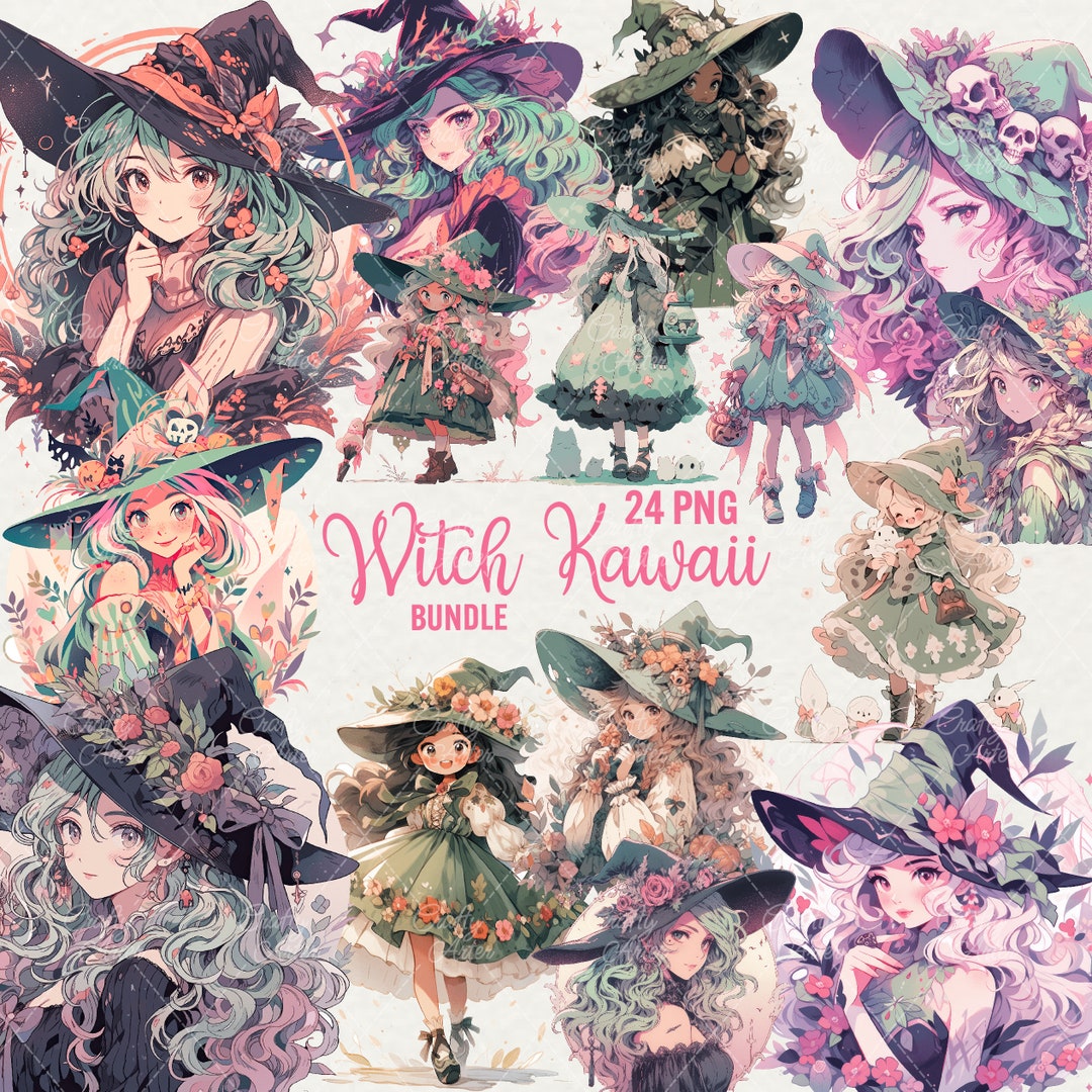 Kawaii Witch Clipart, Watercolor Cute Magic Halloween Clipart Graphics ...
