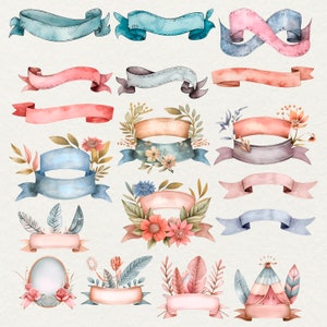 Watercolor Ribbon Labels Clipart, 54 Png Boho Banners, Pastel Bow ...