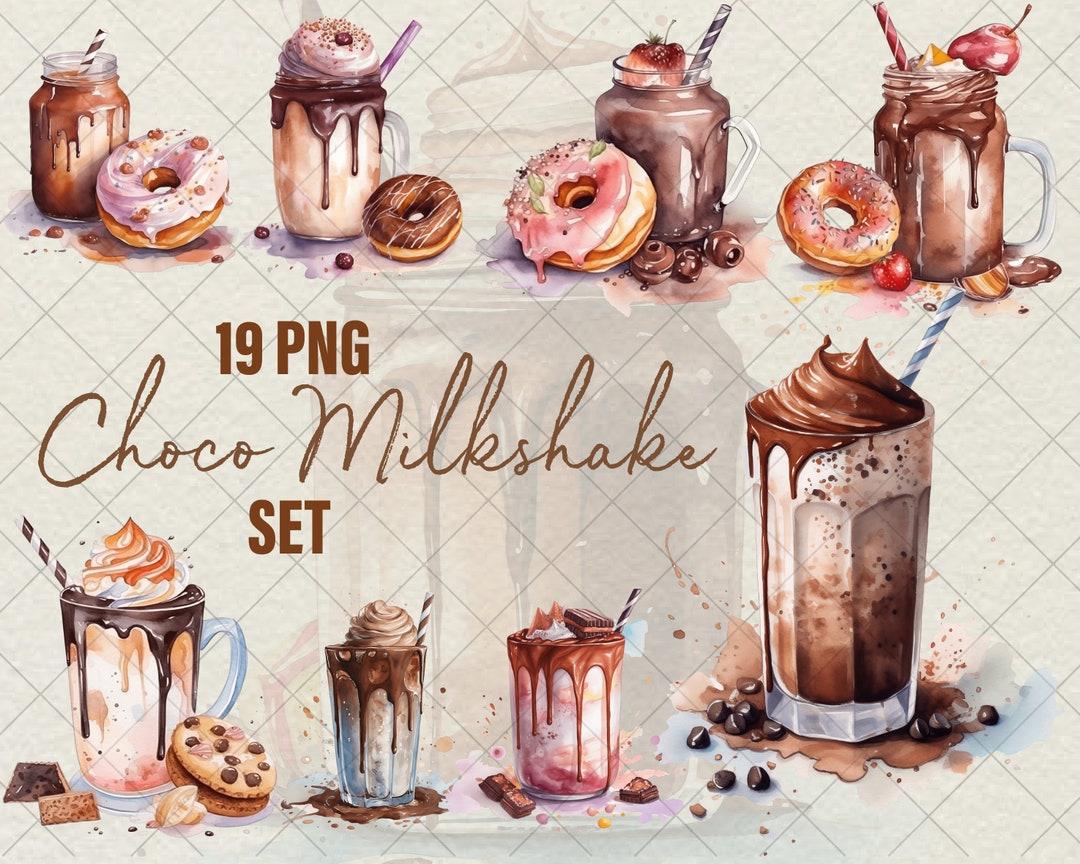 Chocolate Milkshake Watercolor Set 19 PNG, Summer Milkshakes PNG Ice ...