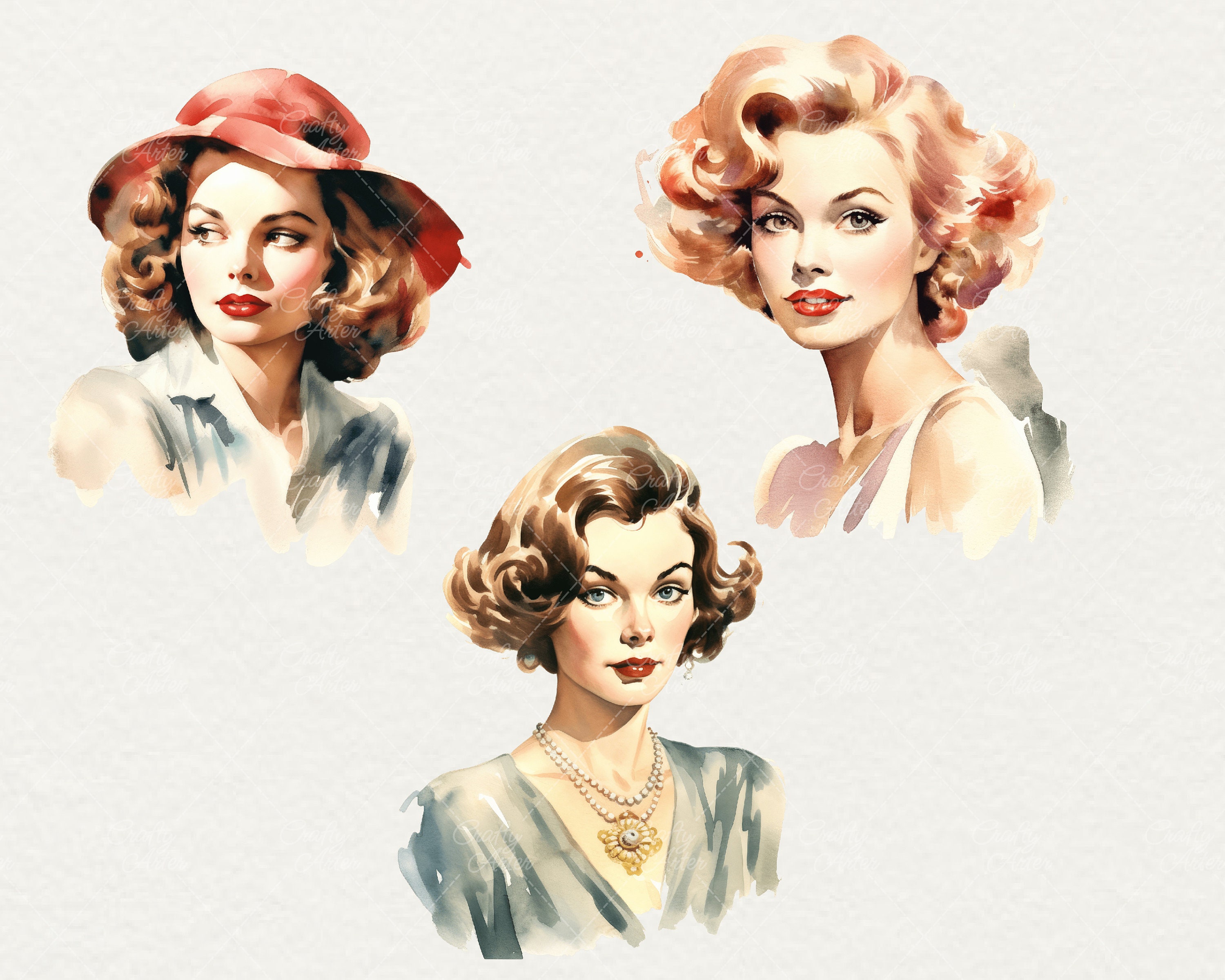 Watercolor Retro Woman Clipart Retro Woman Retro Clipart 18 - Etsy