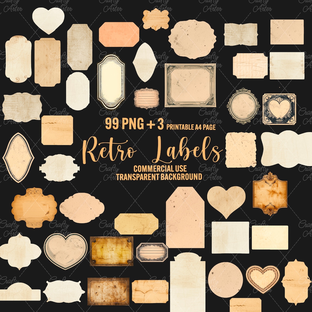 Retro Labels Clipart, 99 Png and Printable A4 Pages, Vintage Tags ...