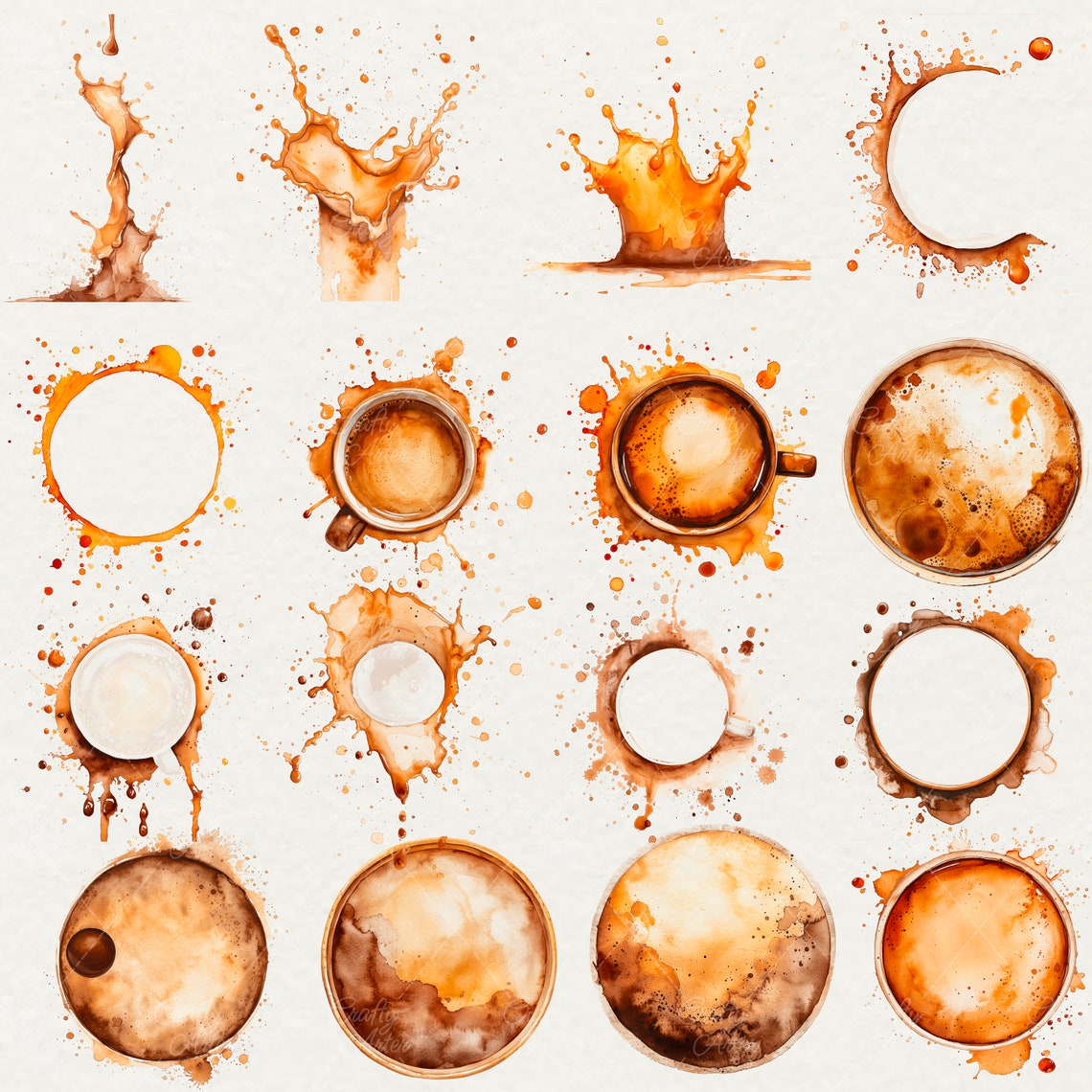 Watercolor Coffee Stains Clipart: 47 PNG Coffee Splashes (digital ...