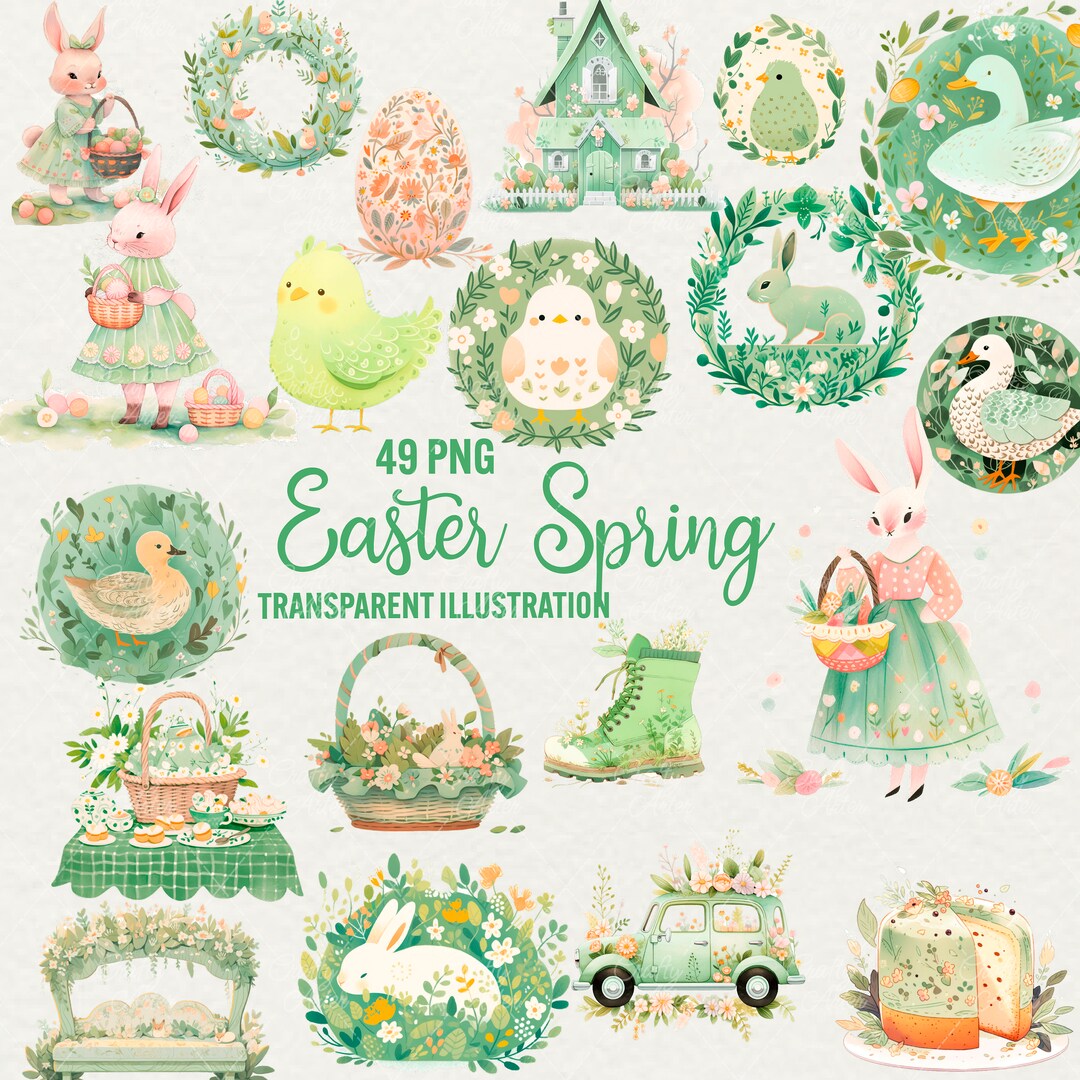Watercolor Easter Clipart: Spring Bunny & Eggs (49 PNG Digital Graphics ...