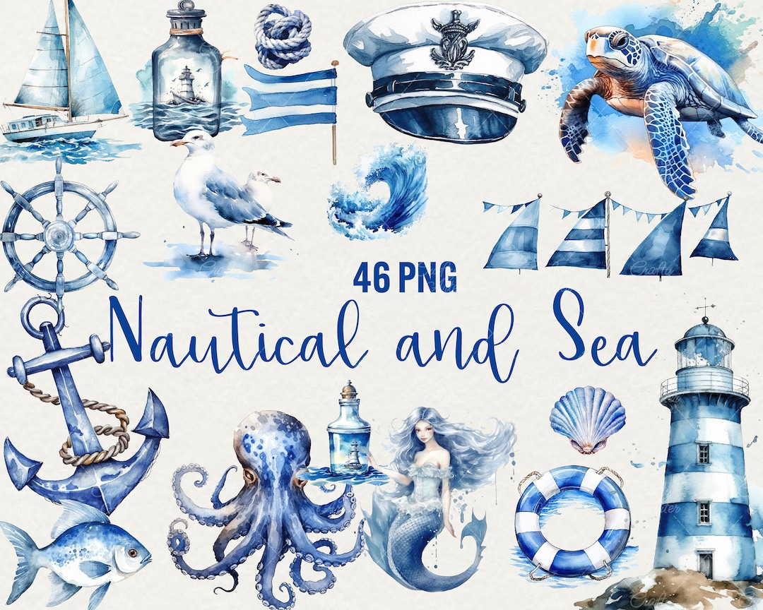 Watercolor Nautical Clipart, Ocean Clipart Nautical Clipart 46 PNG ...