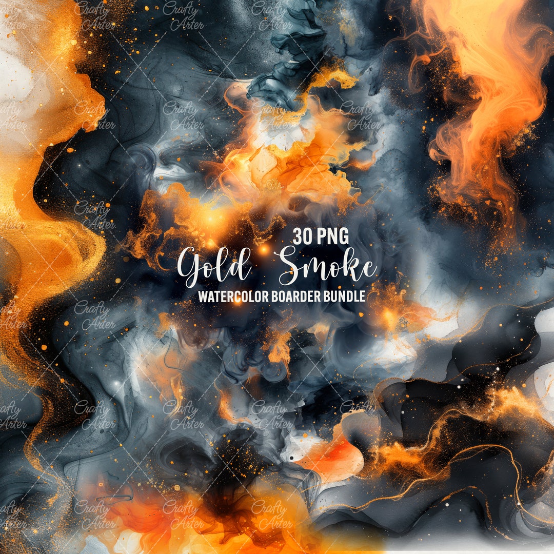 Watercolor Gold and Black Smoke Overlays, 30 Png Liquid Borders, Golden ...