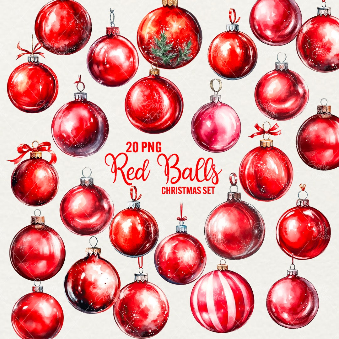 Watercolor Red Christmas Balls Clipart, 20 Png Christmas Baubles ...
