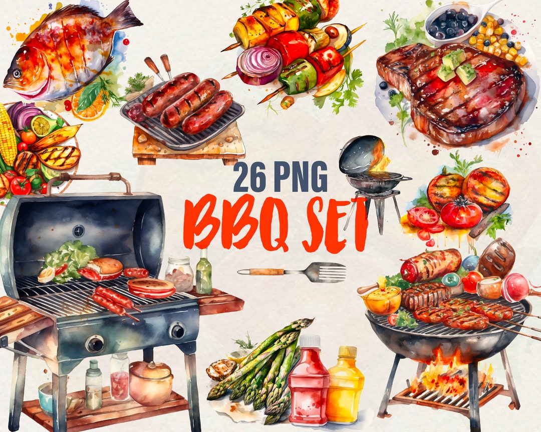 BBQ Clipart GRILL Bundle 26 PNG, Delicious Grilled Steak Bbq Sausage ...